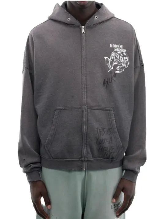 PALY HOLLYWOOD Distressed Zip-up Hoodie With Rivet Details - Black