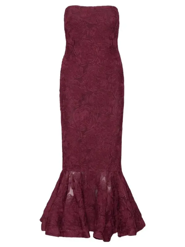ROTATE BY BIRGER CHRISTENSEN Strapless Floral Appliqué Flounce-hem Maxi Dress - Bordeaux