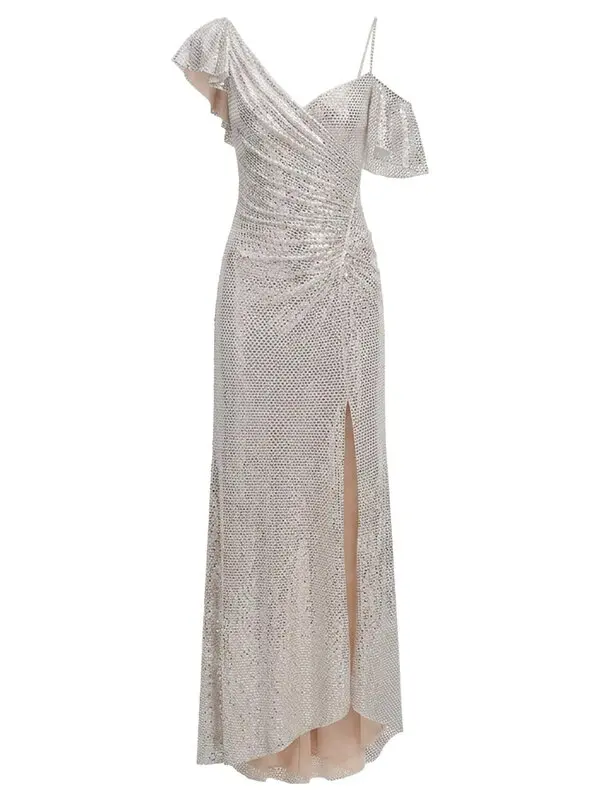 SELF-PORTRAIT Champagne Rhinestone Draped Maxi Dress - Champagne-colored