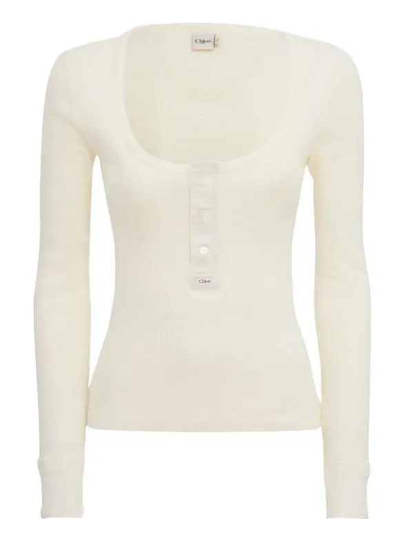 Chloé Ribbed Cotton Jersey Long Sleeve Top - White