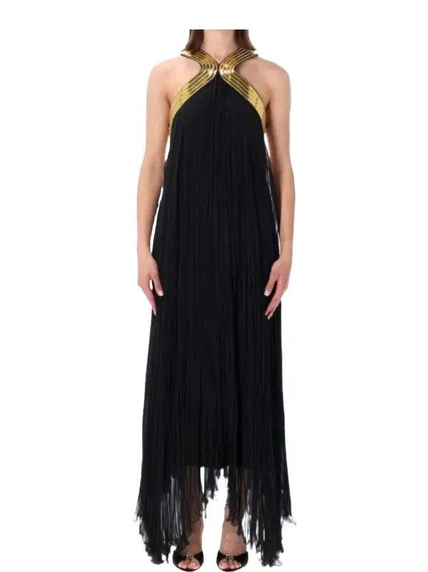 Alberta Ferretti Plissé Metallic Embroidered Collar Chiffon Gown - Black