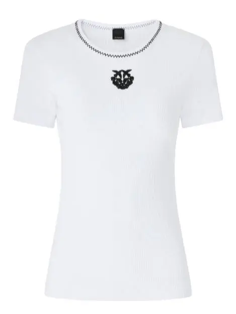 Pinko Short Sleeve Crewneck T-shirt With Contrast Stitching And Embroidery - Multicolored Black And White