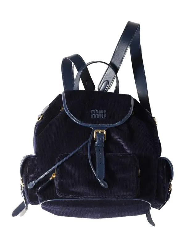 Miu Miu Corduroy Backpack With Leather Accents - Navy Blue