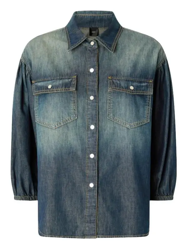 Pinko Snap-button Denim Shirt With Puff Sleeves - Green