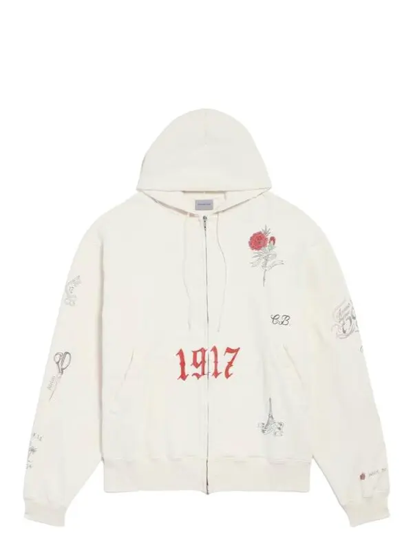 Balenciaga Tattoo Artwork Oversized Zip-up Hoodie - Cream