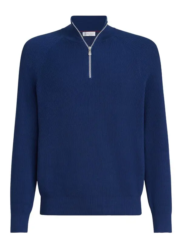 Brunello Cucinelli Zip Cotton Sweater With High Neck And Raglan Sleeves - Avio Blue