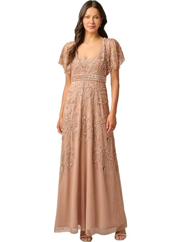 Adrianna Papell Botanical Beaded Gown - Rose Gold