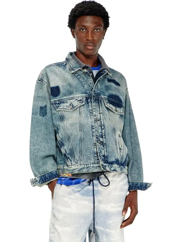 DIESEL® Distressed Patch Effect Denim Trucker Jacket - Blue