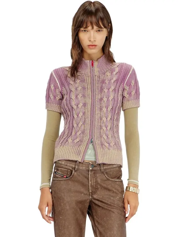 DIESEL® Short-sleeve Zip Cardigan In Cable Knit - Multicolor