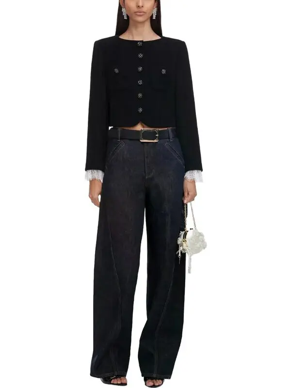 SELF-PORTRAIT Lace-trimmed Cropped Jacket - Black