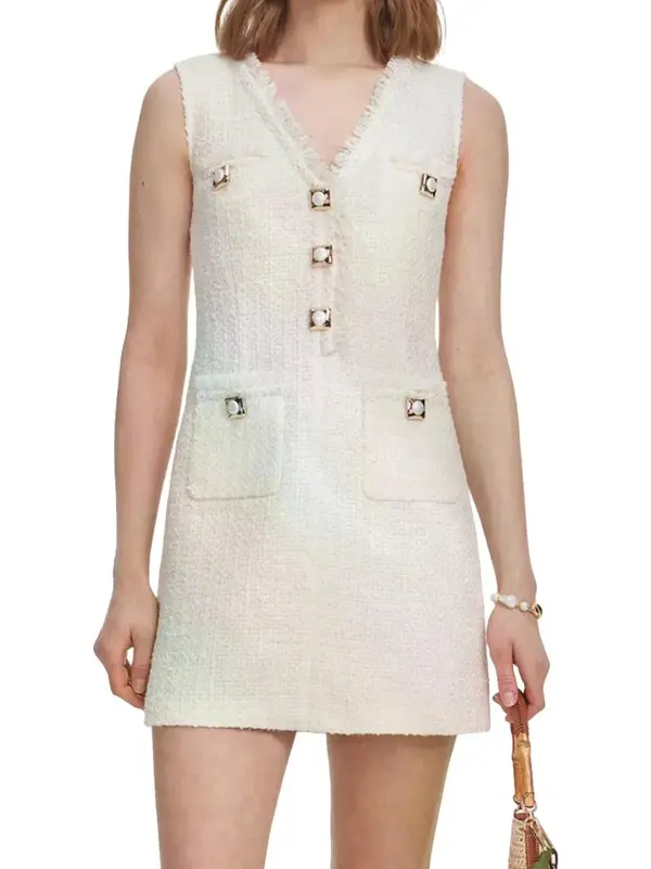 SELF-PORTRAIT Bouclé Frayed-edge Mini Dress - Neutrals