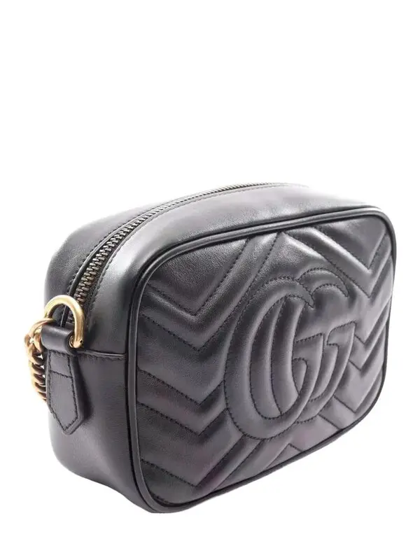 Gucci Leather Chevron Quilted Logo Plaque Shoulder Bag - Black