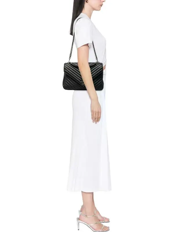 Saint Laurent Large Chevron Sheepskin Monogram College Bag - Black