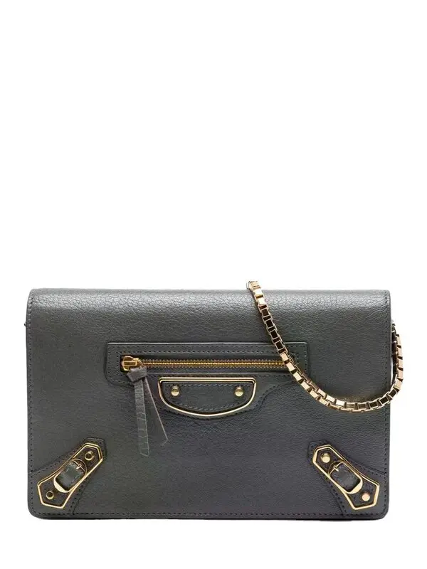 Balenciaga Chevre Motocross Metallic Edge Wallet On Chain Crossbody Bag - Grey