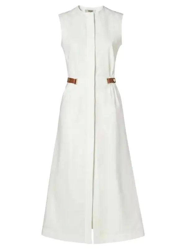 Fendi Leather-trimmed Sleeveless Midi Dress - White