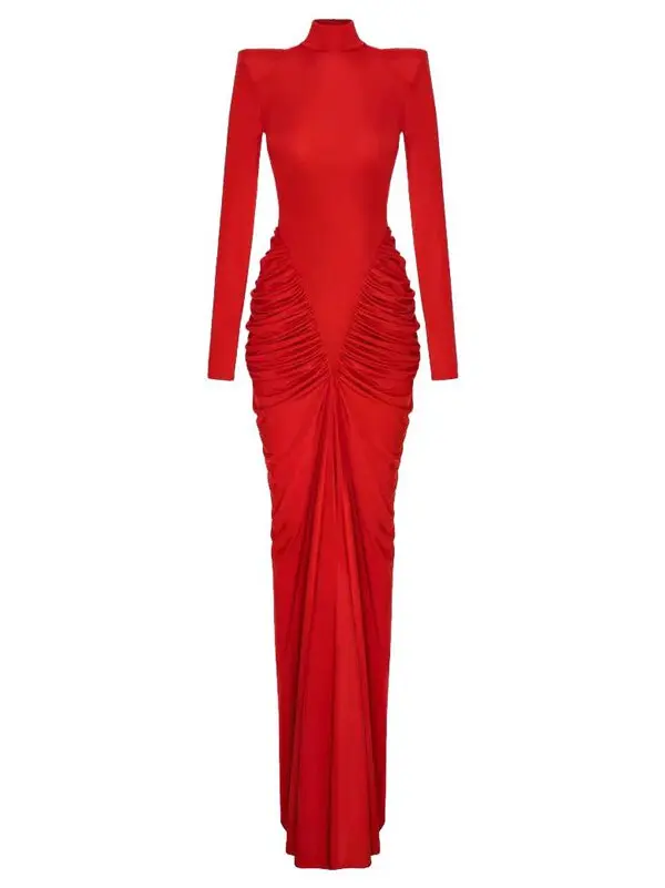 V:PM ATELIER Adwa Padded Shoulder Ruched Maxi Dress - Red