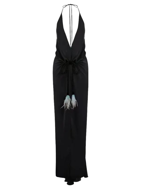 V:PM ATELIER Feather-trim Halterneck Maxi Dress - Black