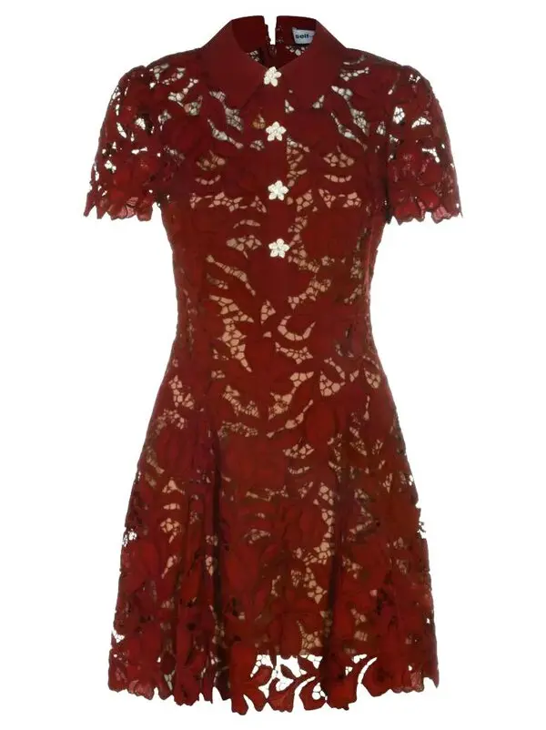 SELF-PORTRAIT Burgundy Floral Guipure Lace Mini Dress - Red