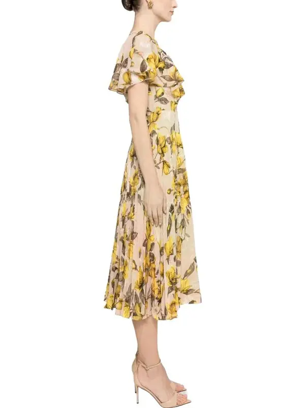 NISSA Floral Print Ruffled Midi Dress - Neutrals