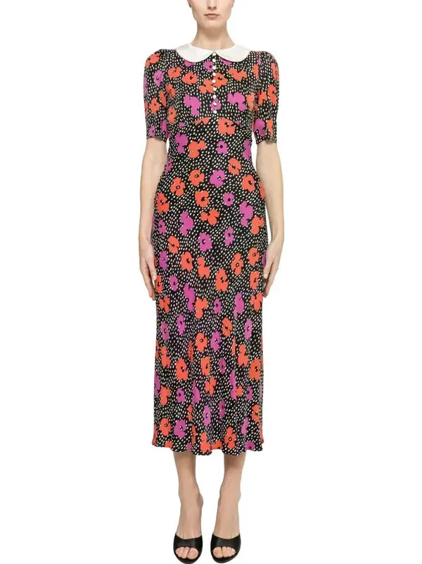 NISSA Floral Print Midi Dress - Black