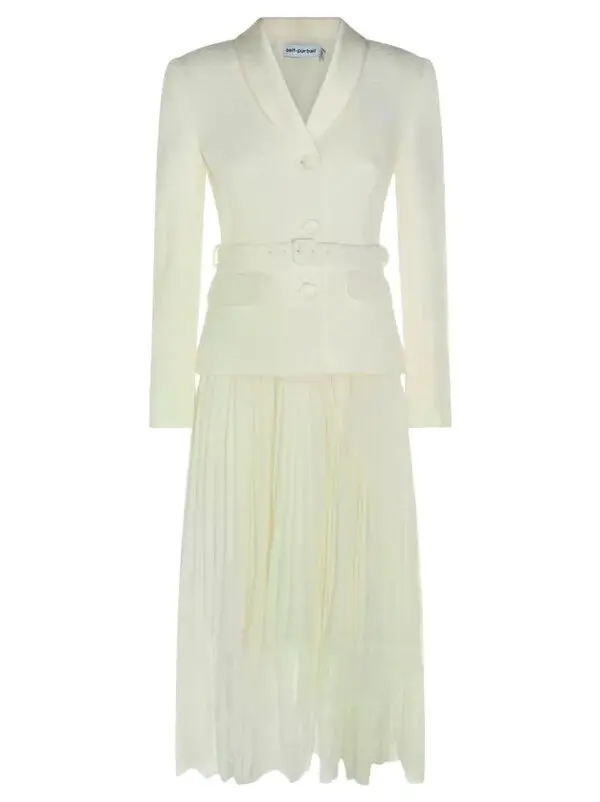 SELF-PORTRAIT Belted Pleated Midi Dress In Cream Boucl - Neutrals