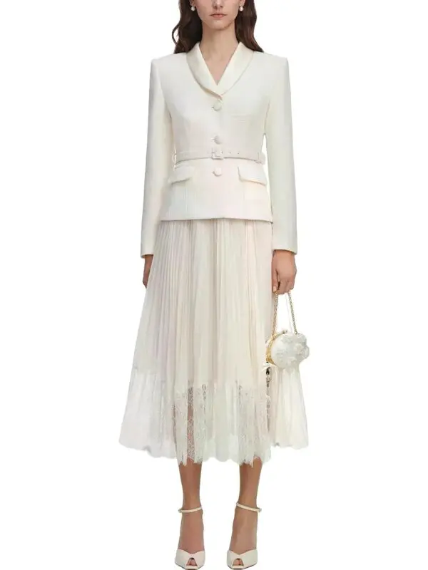 SELF-PORTRAIT Belted Pleated Midi Dress In Cream Boucl - Neutrals