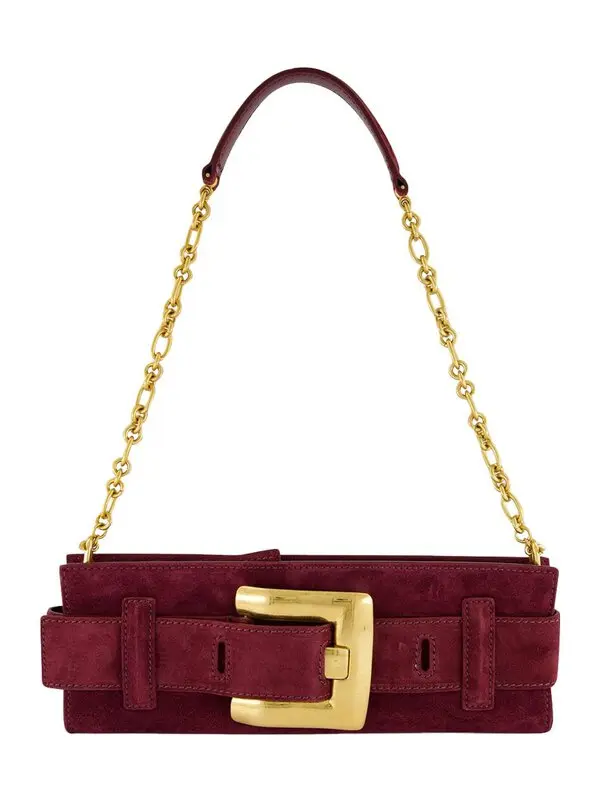 Balmain Anthem Suede Calfskin Leather Clutch Bag With Embossed Buckle - Burgundy