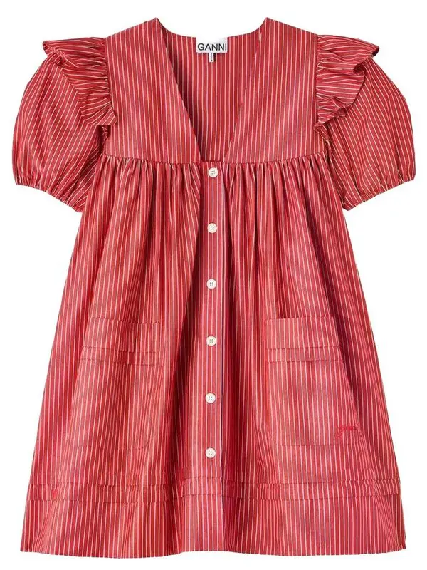 GANNI Striped Ruffled Mini Dress - Red