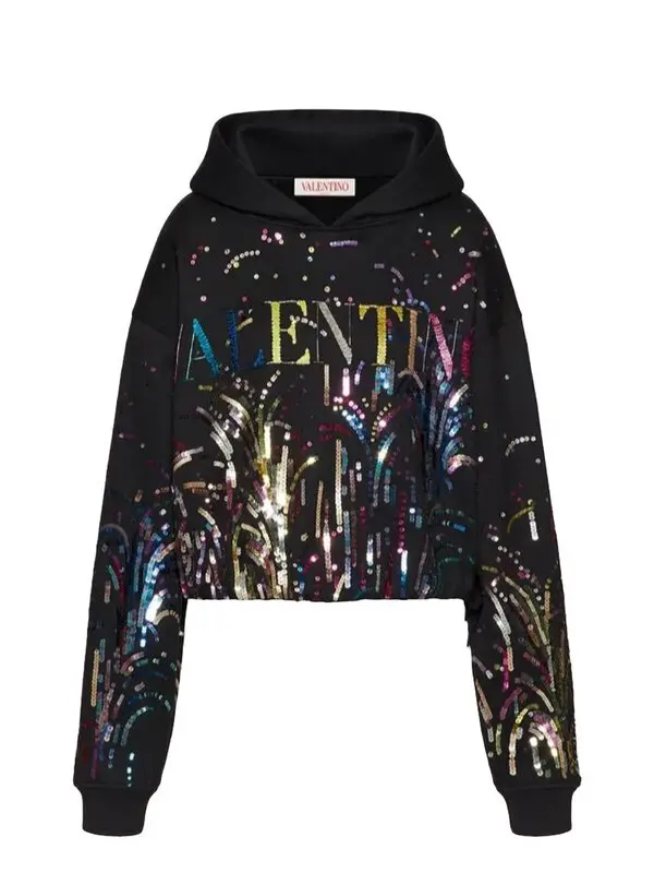 Valentino Garavani Sequin Logo Cropped Hoodie - Black