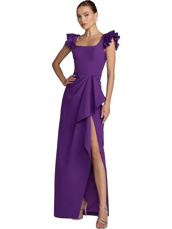 Mac Duggal Square Neck Ruffled Cap Sleeve Gown With Slit - Purple