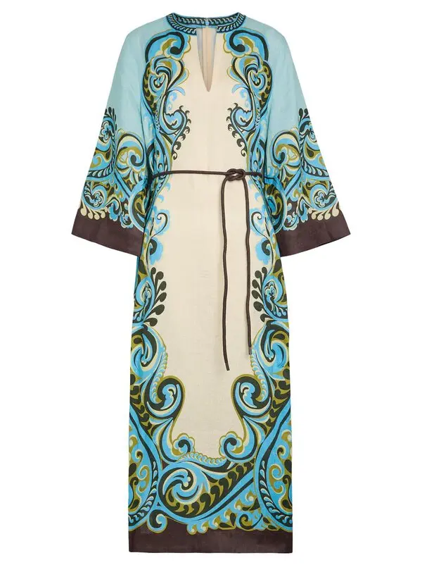 ALEMAIS Alemasis Natalia Printed Belted Linen Midi Dress - Cream