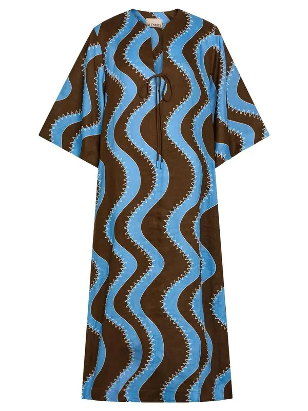 ALEMAIS Alémais Frankie Wavy-print Linen Midi Dress - Blue