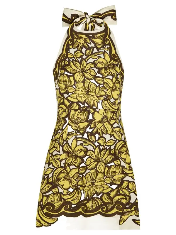 ALEMAIS Alemasis Mona Printed Halterneck Hemp Mini Dress - Yellow
