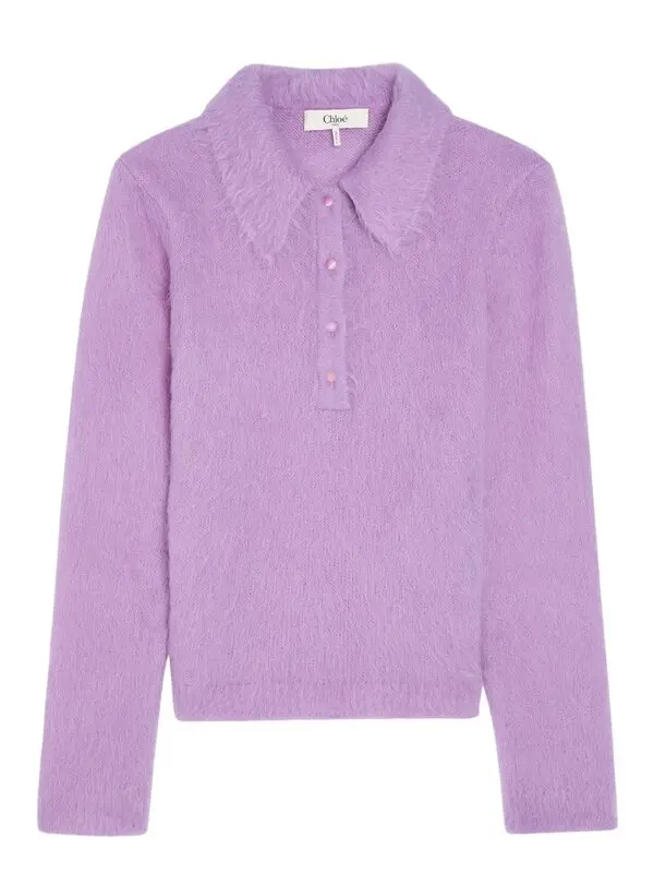 Chloé Brushed Knit Wool-blend Polo Top - Lilac
