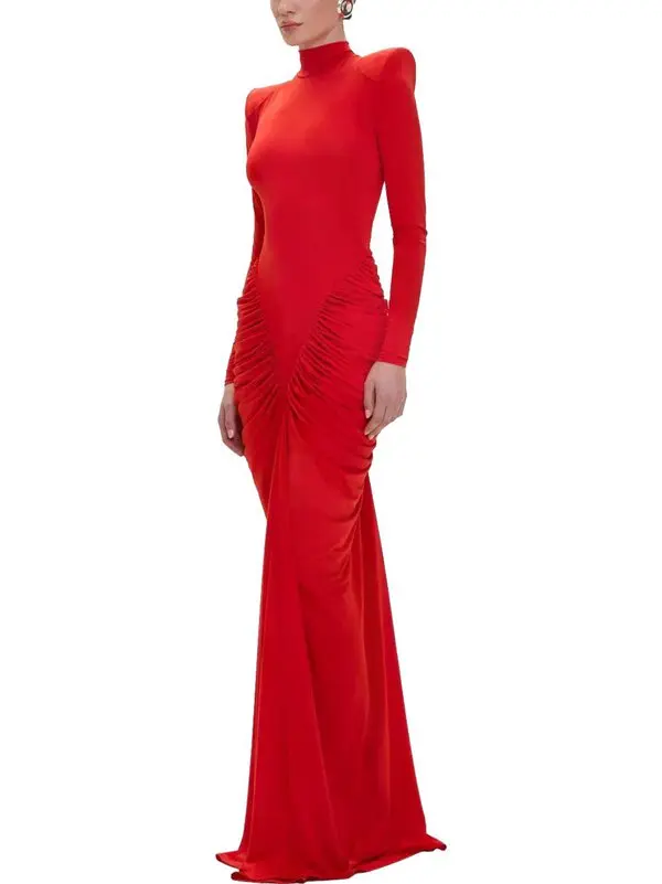 V:PM ATELIER Adwa Padded-shoulder Ruched Maxi Dress - Red