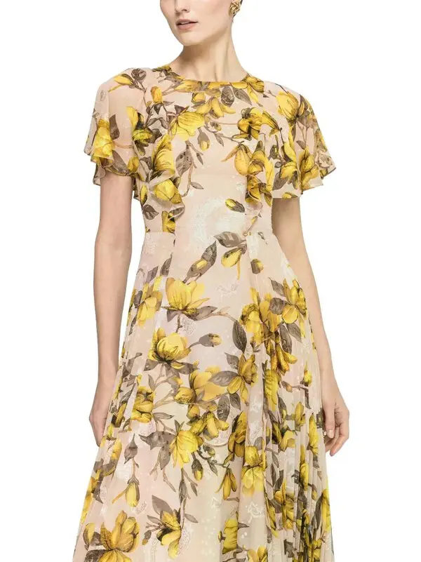NISSA Floral Print Ruffled Midi Dress - Neutrals
