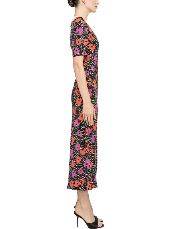 NISSA Floral Print Midi Dress With Peter Pan Collar - Black