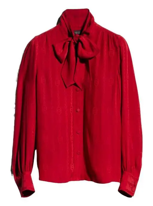 Gucci Tie-neck Jacquard Silk Shirt - Red