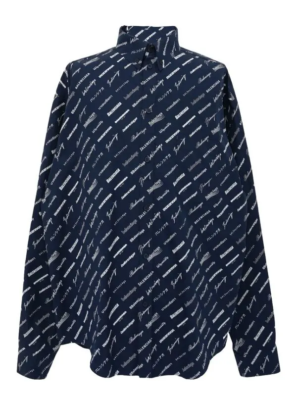 Balenciaga Allover Logo Print Long-sleeved Shirt - Blue