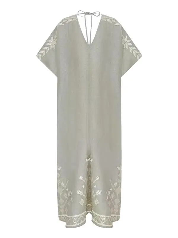 Greek Archaic Kori Embroidered V-neck Midi Dress - Grey