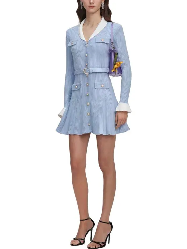 SELF-PORTRAIT Belted Ribbed-knit Dress - Blue