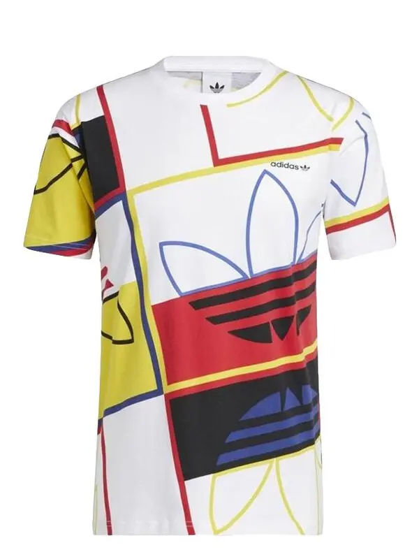 Adidas Originals Contrasting Colors Full Print Logo Sports Round Neck Short Sleeve - White