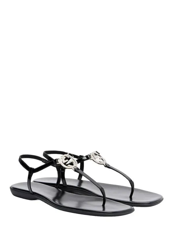 Gucci Interlocking G Patent Leather Thong Sandals - Black