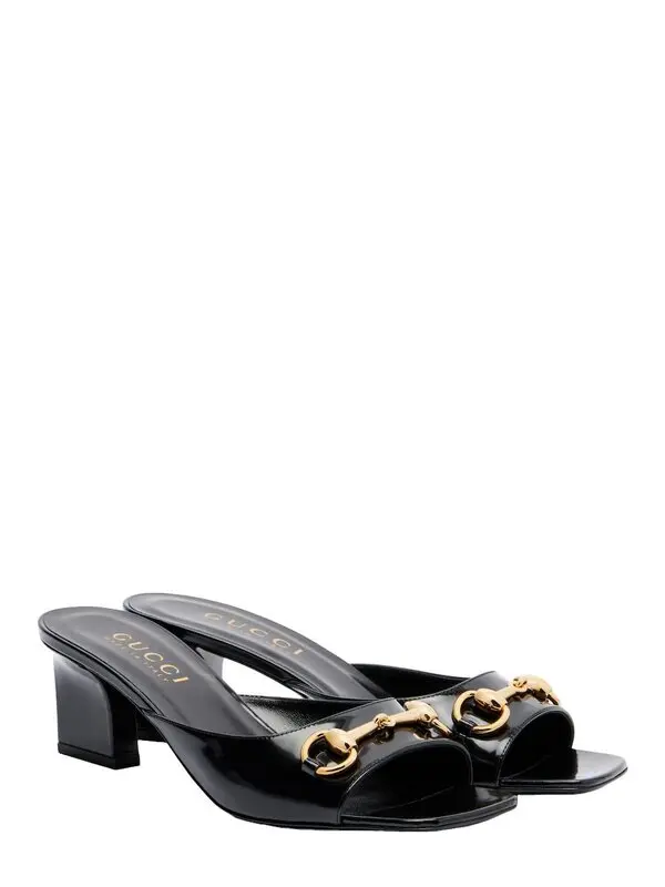 Gucci Signora Horsebit Patent Leather Mules - Black
