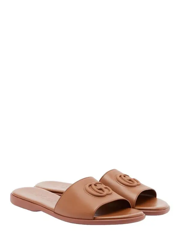 Gucci Double G Leather Slides - Brown