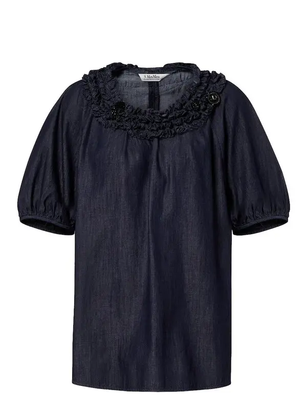 Max Mara Embellished Ruffled Denim Blouse - Blue