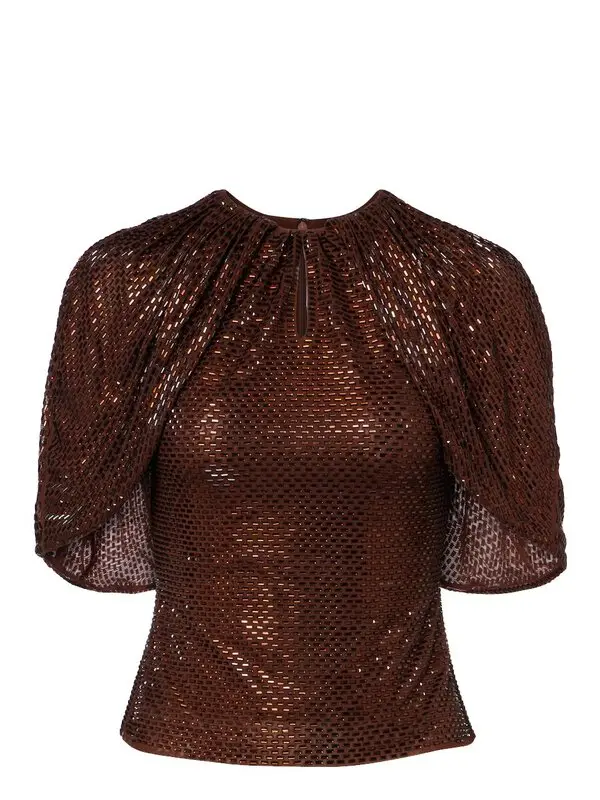 SELF-PORTRAIT Embellished Mesh Top - Brown