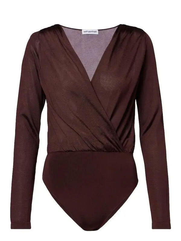 SELF-PORTRAIT Draped V-neck Bodysuit - Burgundy