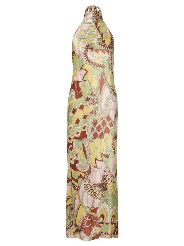 Rixo Maura Printed Halterneck Satin Midi Dress - Multicoloured