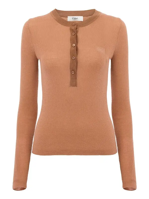 Chloé Superfine Wool Ribbed Henley Shirt - Pink - Brown